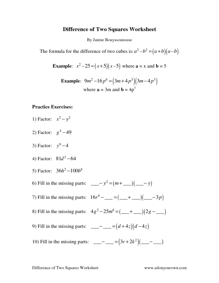 Factoring The Difference Of Squares Worksheet - FactorWorksheets.com Factoring The Difference Of Squares Worksheet - FactorWorksheets.com